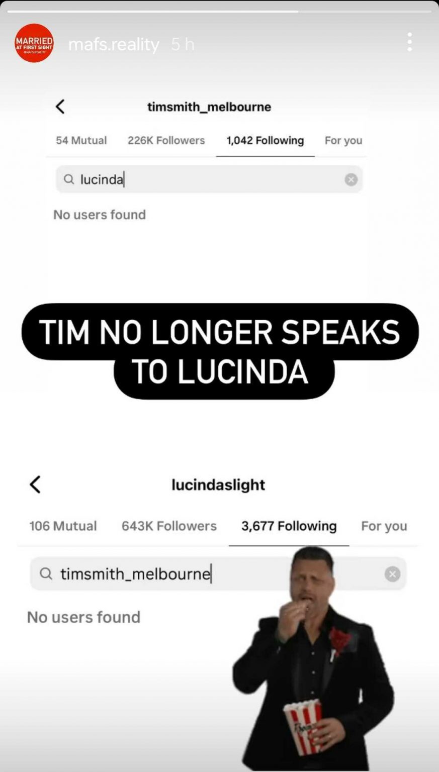 Lucinda and Timothy from MAFS Australia have unfollowed each other