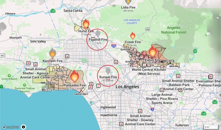 Map of LA fires shows path of previous fires against active sites