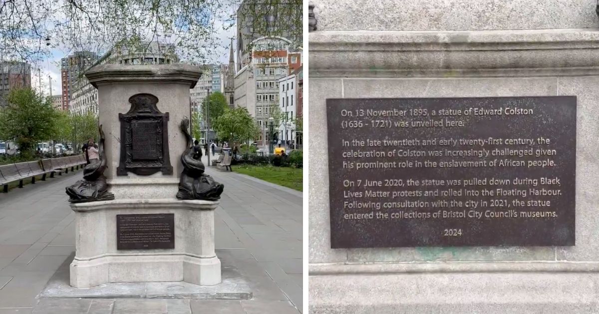 Plaque addressing legacies of slavery added to Edward Colston statue plinth in Bristol