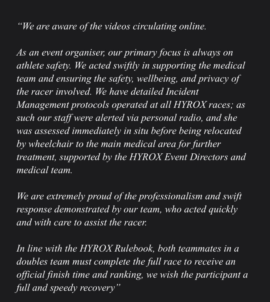 Hyrox makes statement after competitor ditches collapsed girlfriend