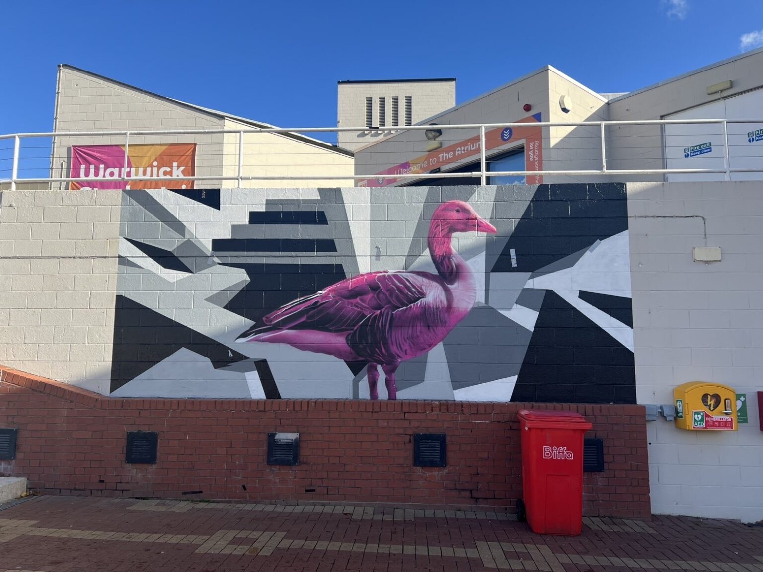 Meet Warwick's fabulous new icon: A bright pink goose guarding the Piazza