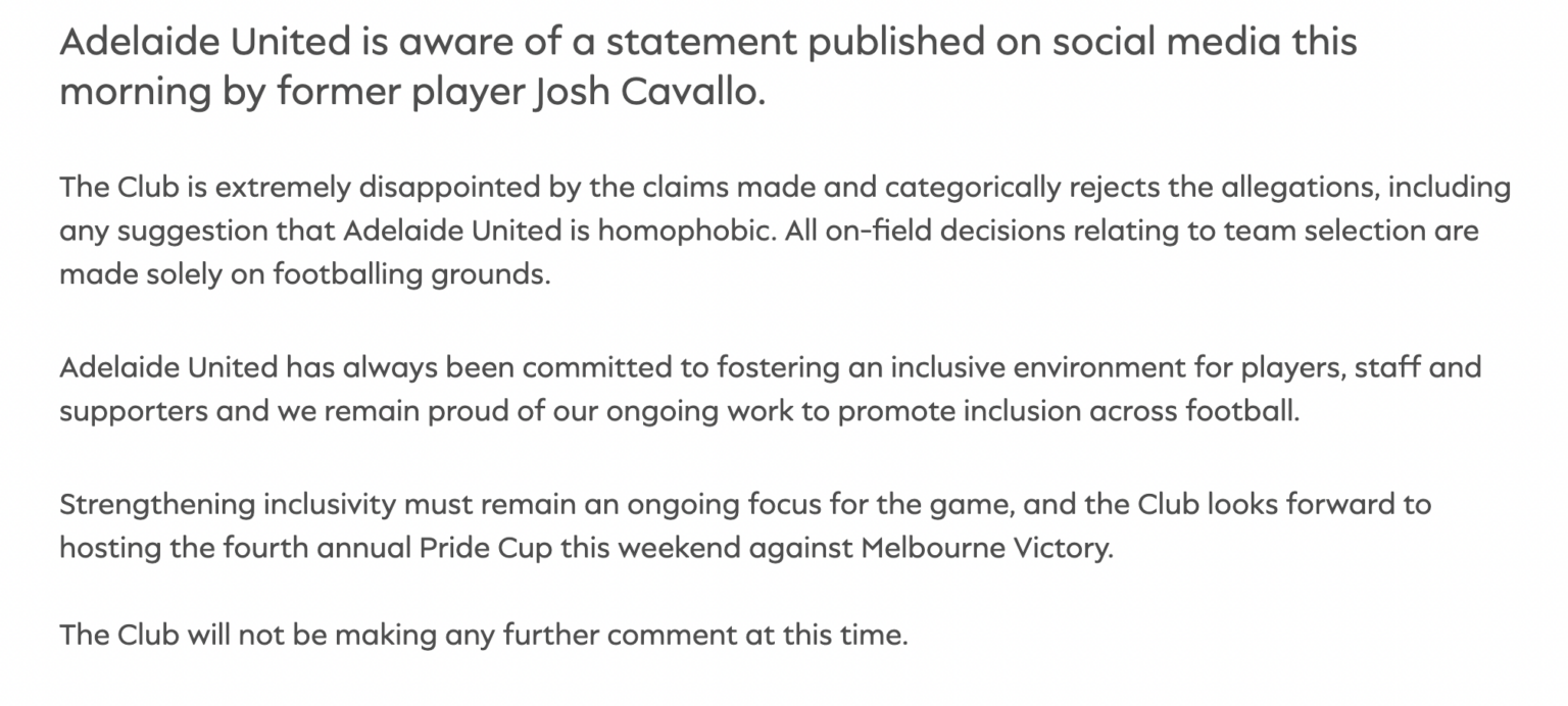 Adelaide United respond to Josh Cavallo's 'homophobia' claims